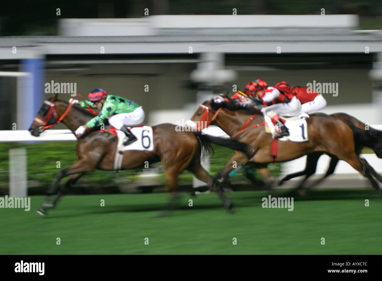 Hong Kong Horse Racing Happy Valley three horses running full stride ...