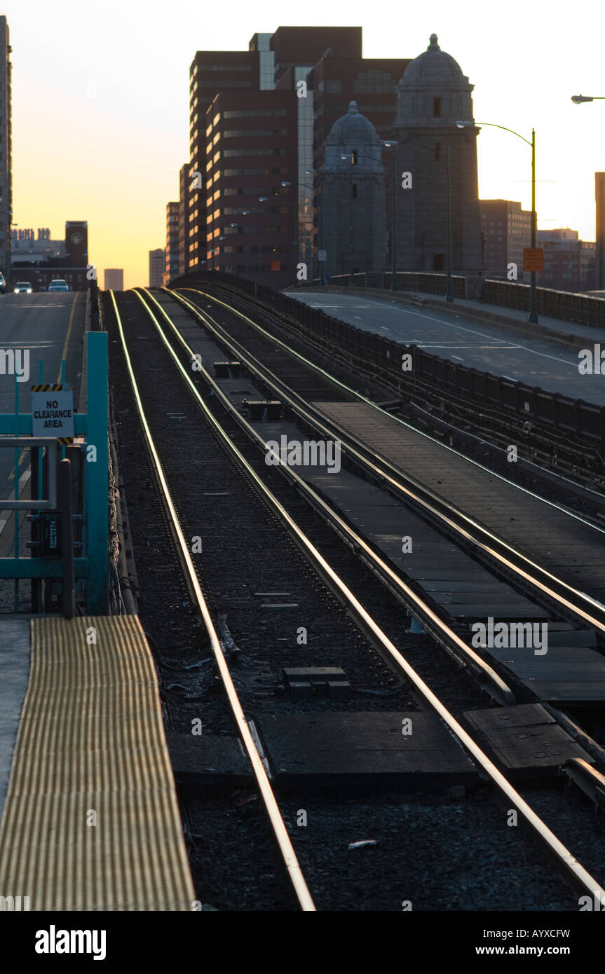 Sunset on the subway tracks in Boston Massachusetts Stock Photo - Alamy