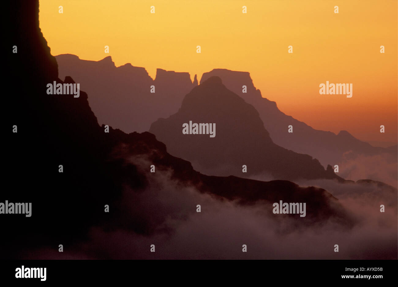 Sunset view and russet red sky seen from the high peaks of the ...