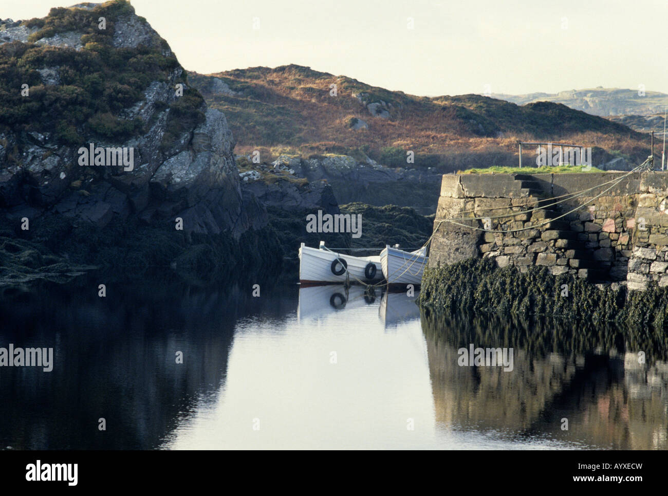 Two white clinker-built boats in Bunbeg Harbour, County Donegal ...