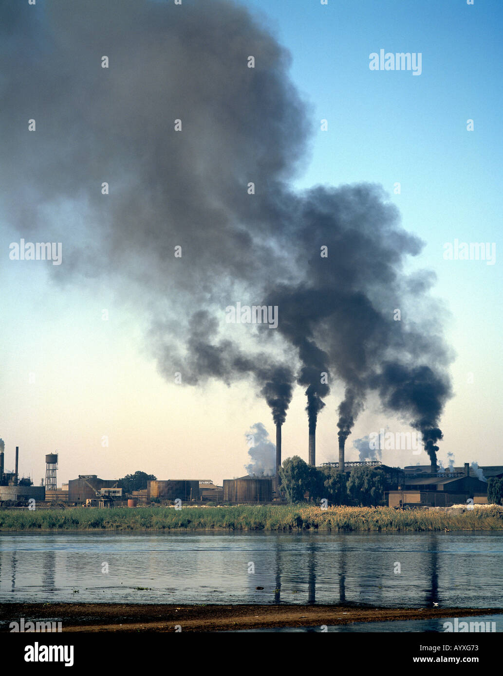 Egypt, industry on Nile banks, smokestacks, smoke, chimney ...