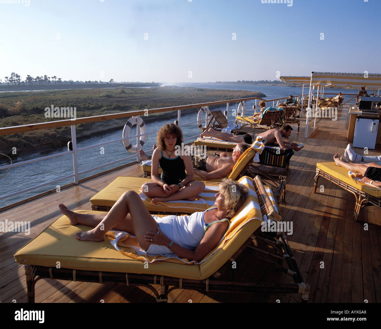 Egypt, Nile cruise, tourists on the sun deck, sun deck, sunbathe Stock ...