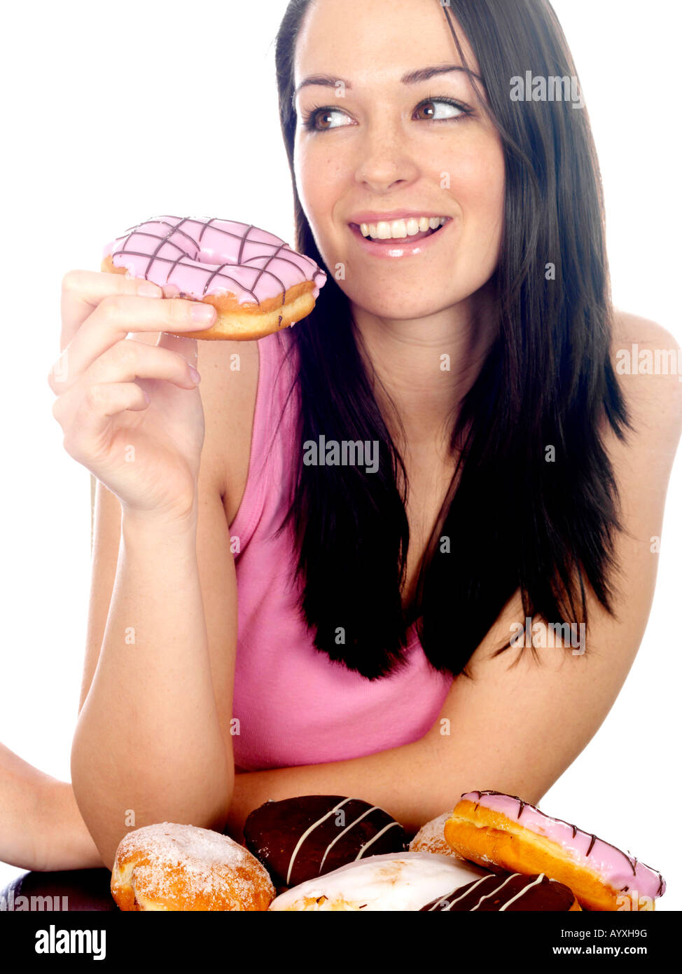 Young Woman Eating Raspberry Doughnut Model Released Stock Photo - Alamy