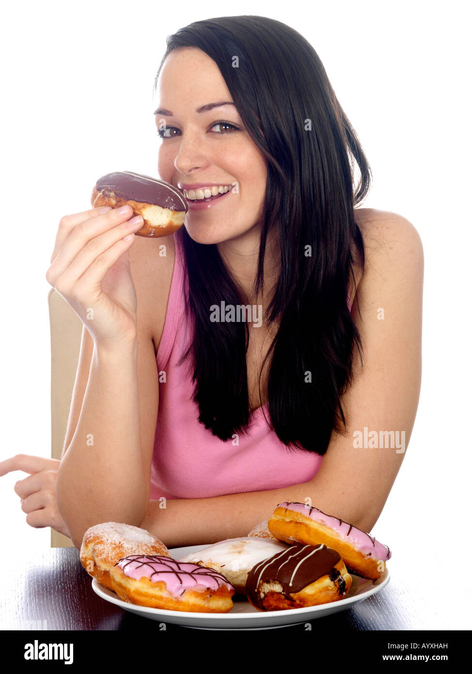 Young Woman Eating Chocolate Doughnut Model Released Stock Photo - Alamy