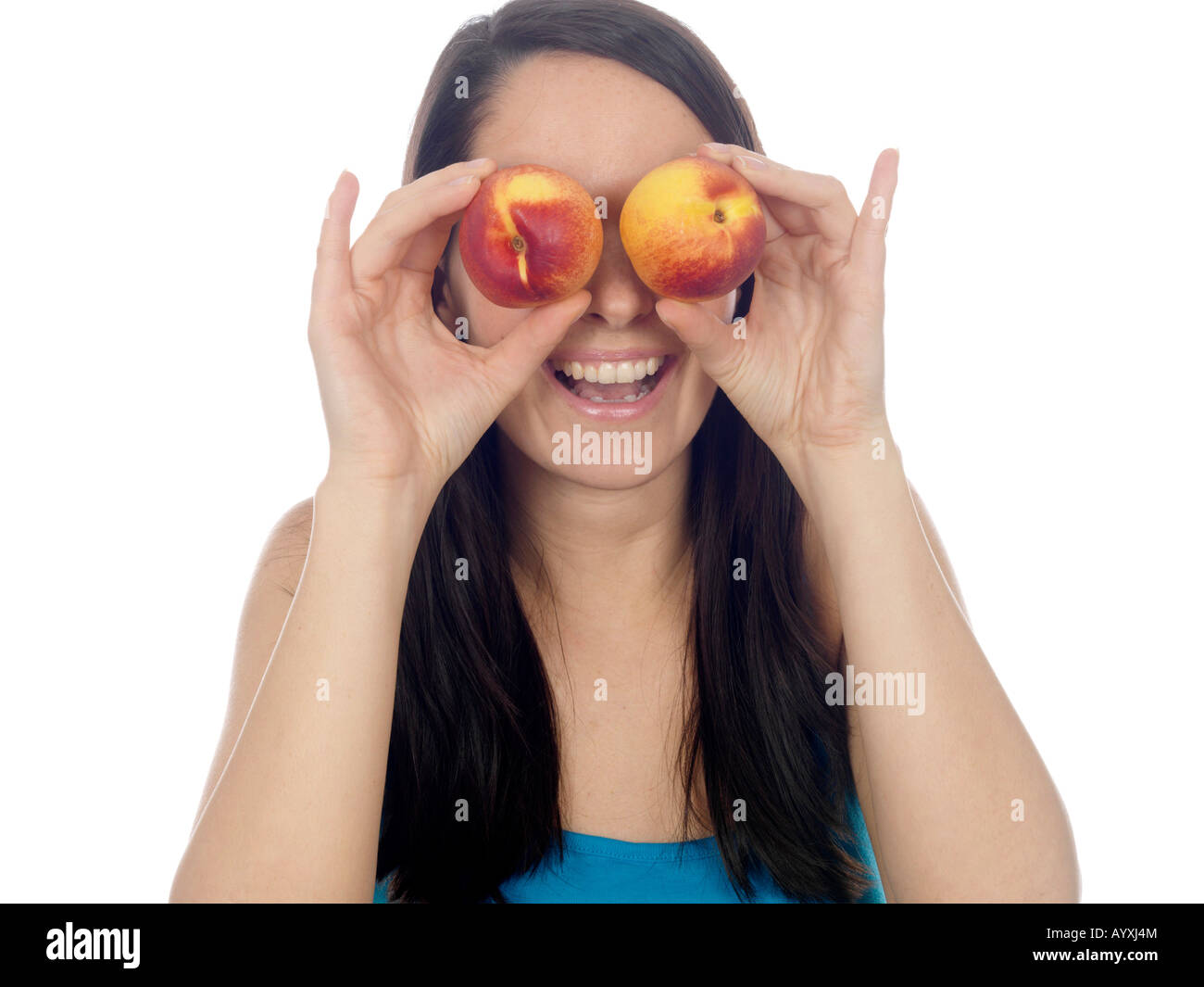 Young Woman Playing with Peaches Model Released Stock Photo - Alamy