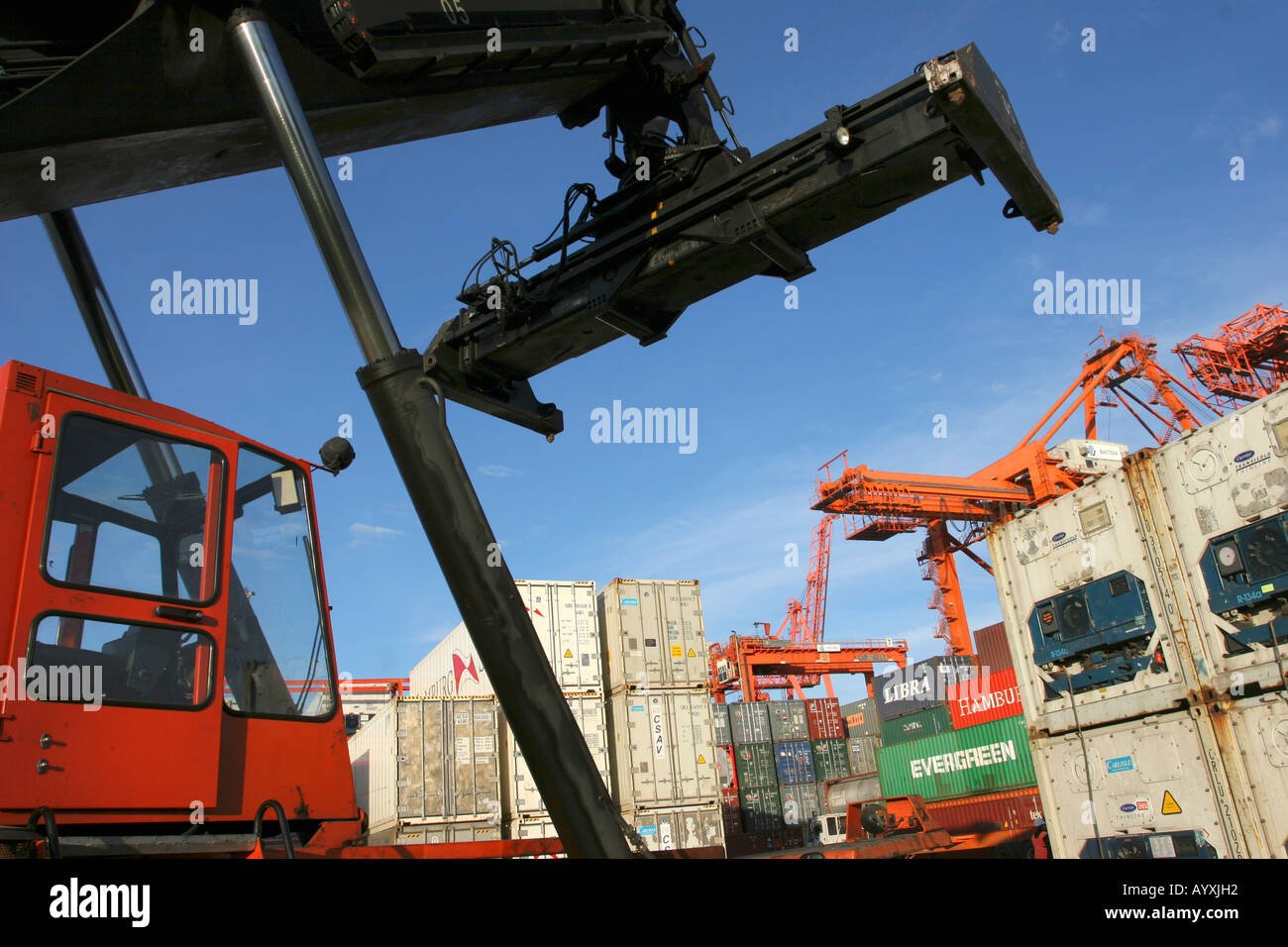 Close up of a container cargo lifting vehicle in a dock Stock Photo - Alamy
