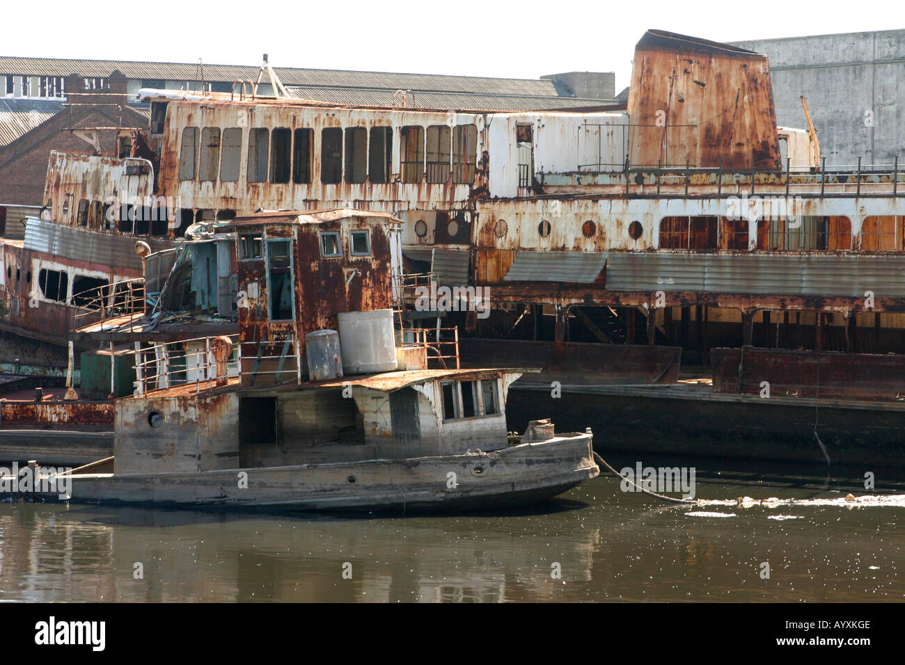 Old ships in the ship cemetery in the Riachuelo near La Boca district ...