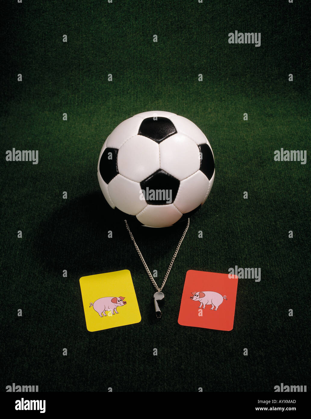 sports, football, ball, red an yellow cards with lucky pigs, referee ...