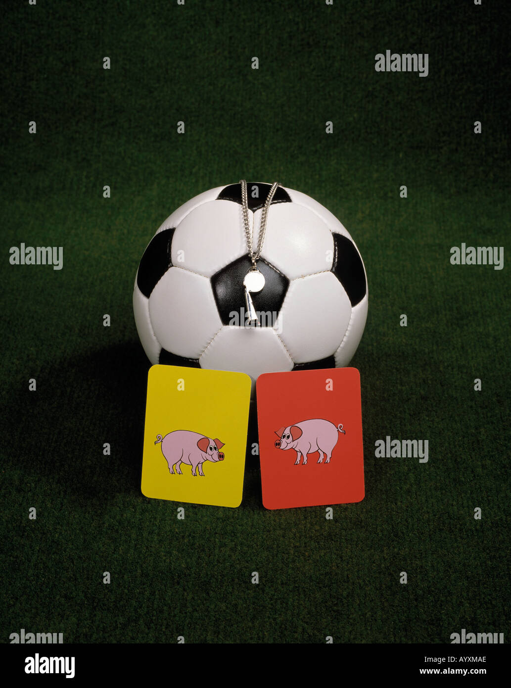 sports, football, ball, red an yellow cards with lucky pigs, referee ...