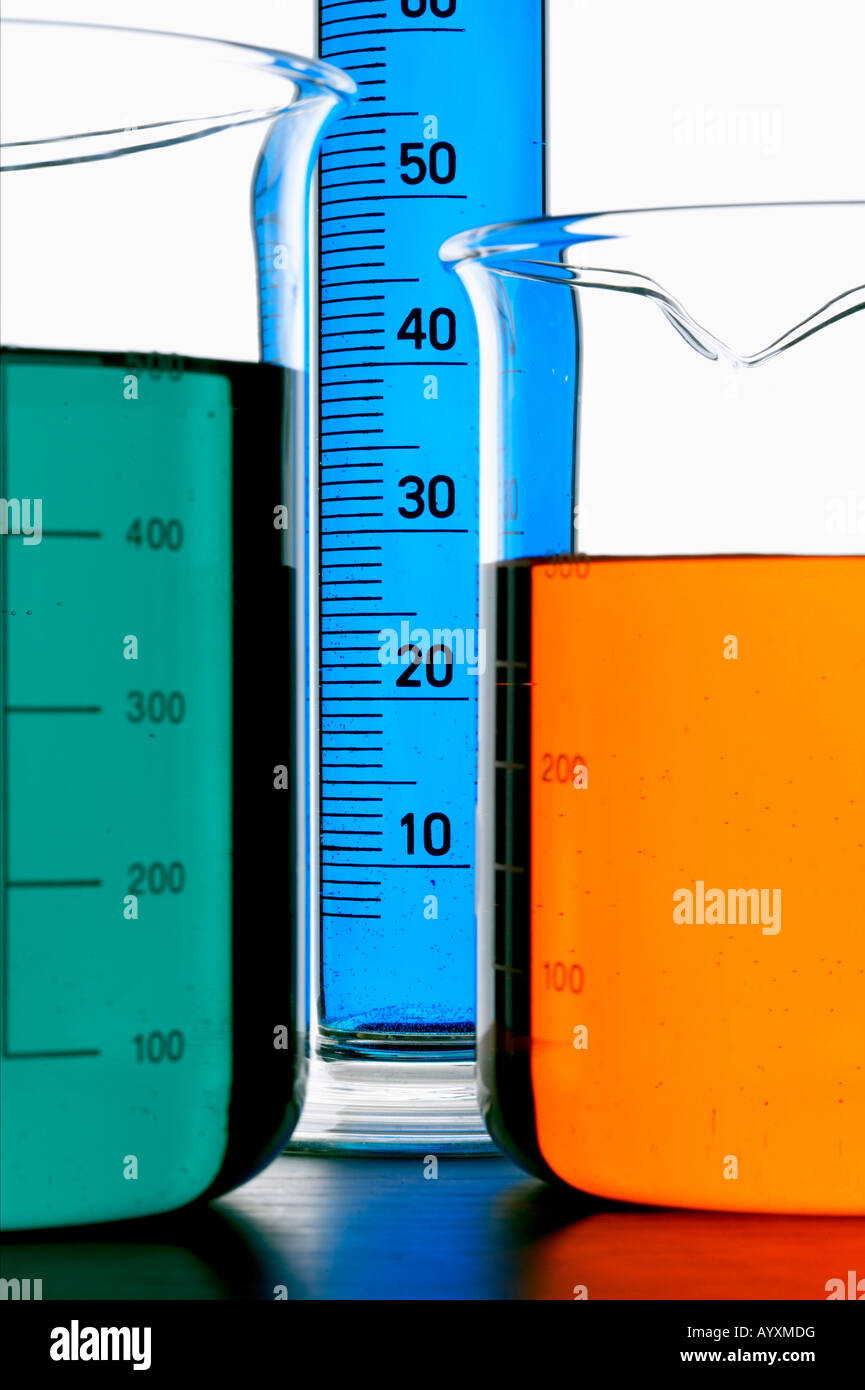 Beakers and text tube with several colored liquids Stock Photo - Alamy