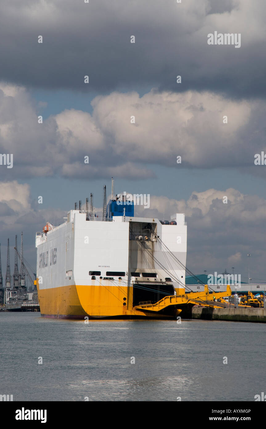 Vessel operated by Grimaldi Lines with link span lowered ready to ...