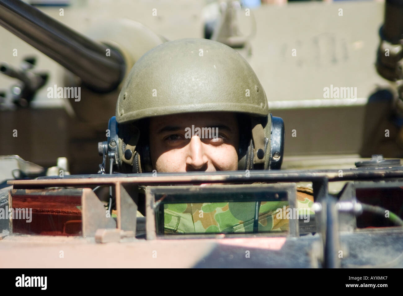 AUSLAV Driver Australian Army personnel carrier Stock Photo - Alamy