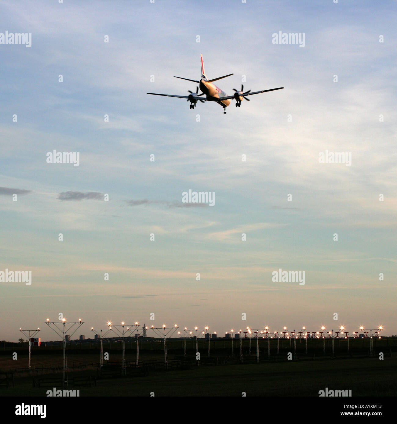 A square format image of a commercial passenger aircraft on final ...