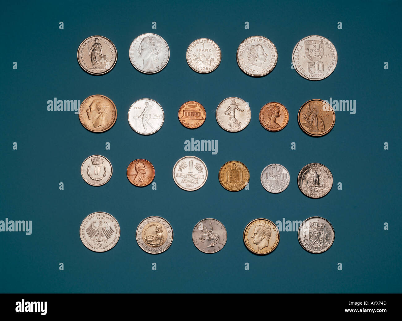 international coins, money, currency, currency before the Euro Stock ...