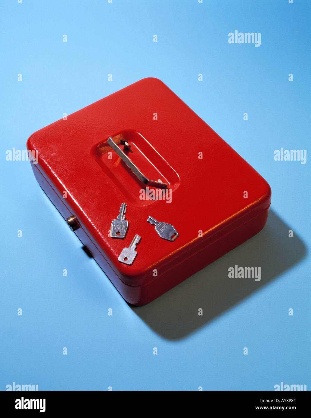casket, red casket, cash box, safe, three keys lying on the casket ...