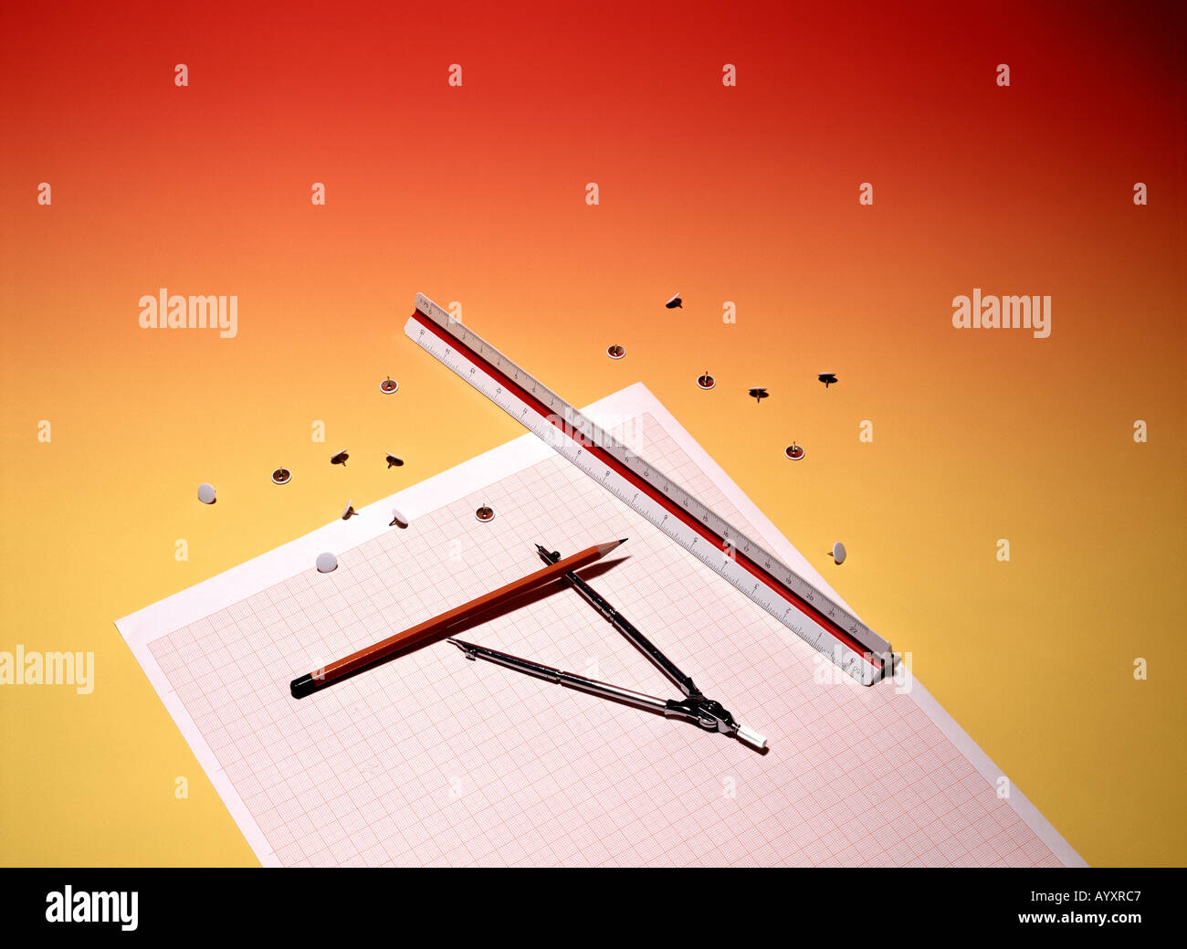 dividers, ruler, pencil, graph paper, drawing pins Stock Photo - Alamy