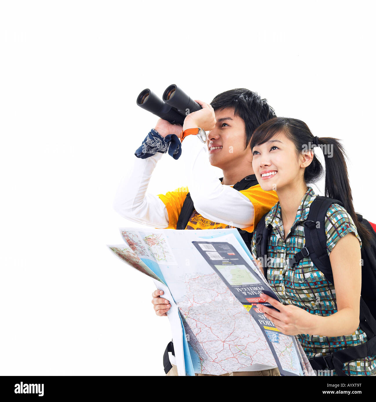 students looking at the sky with holding a map and telescope Stock ...