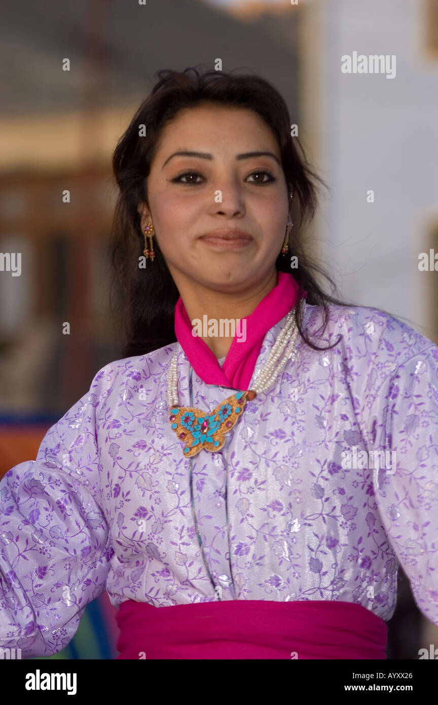 Ladhaki female dancer in traditional dress performing during Ladakh ...