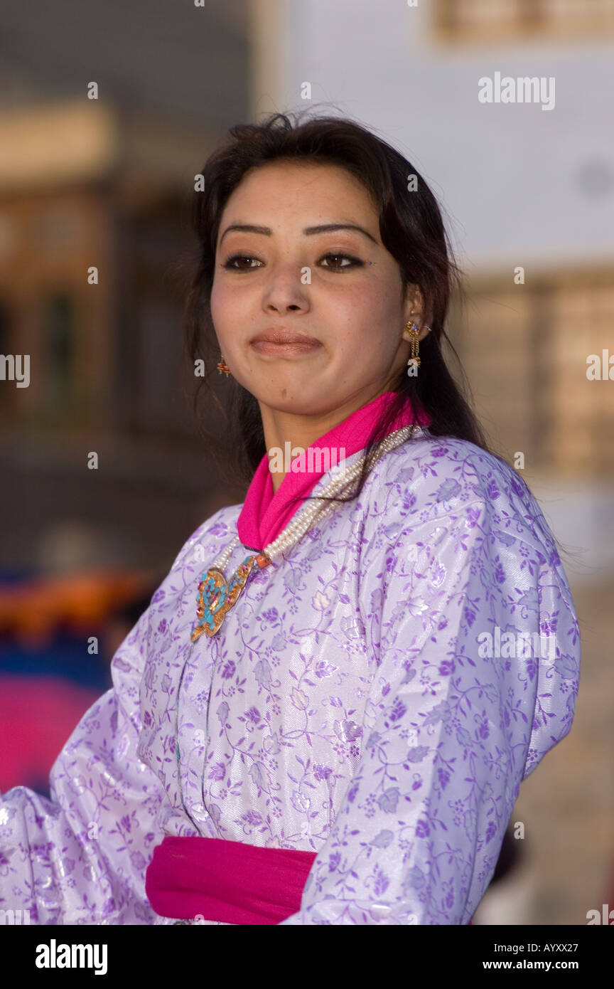 Ladhaki female dancer in traditional dress performing during Ladakh ...
