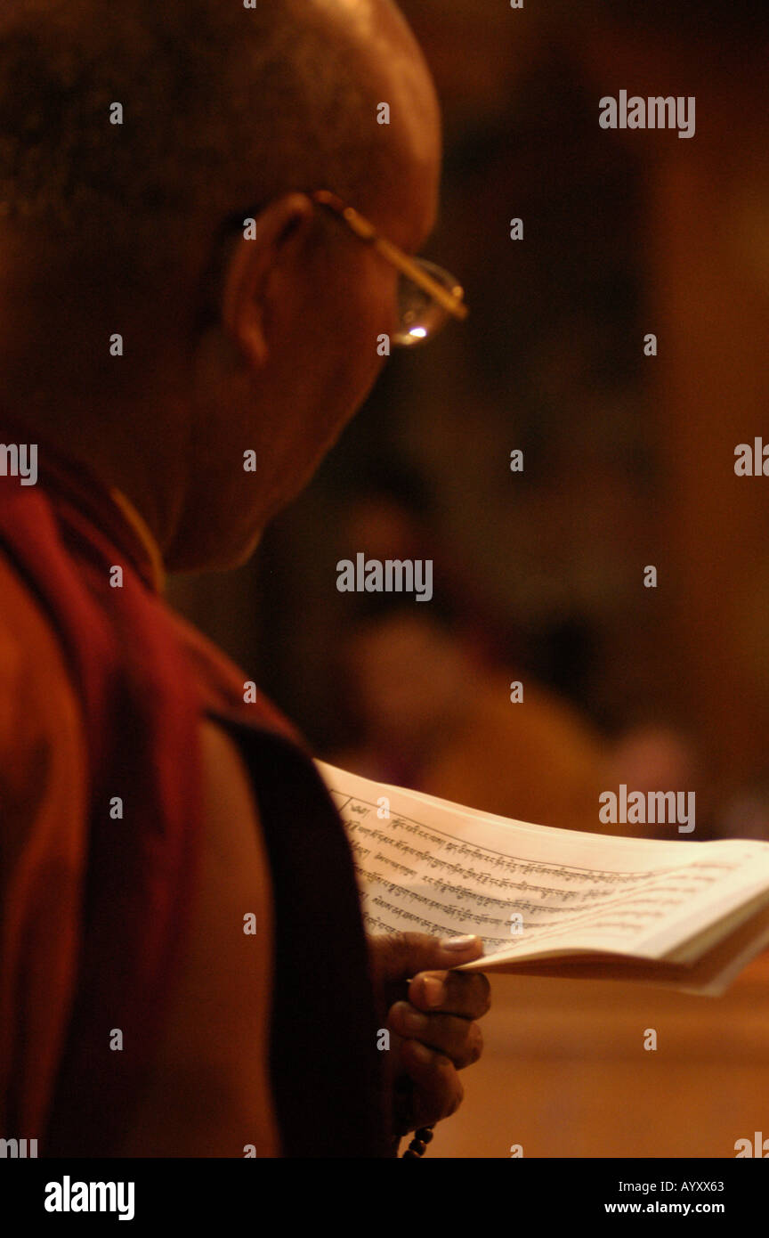 Old Tibetan monk with buddhist script during morning prayer puja in ...