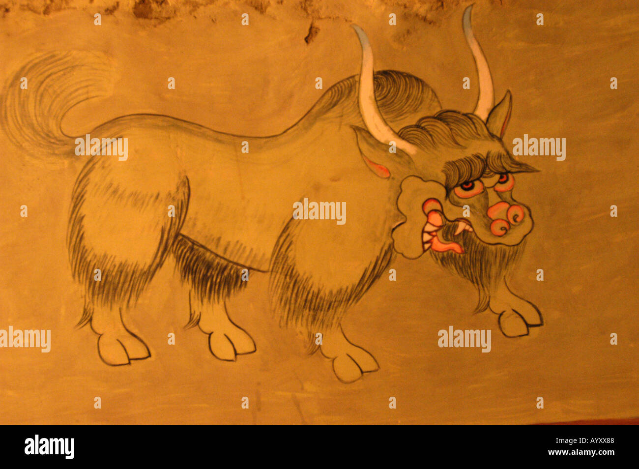 Angry fierceful buddhist deities hall mural paintings of animals in ...