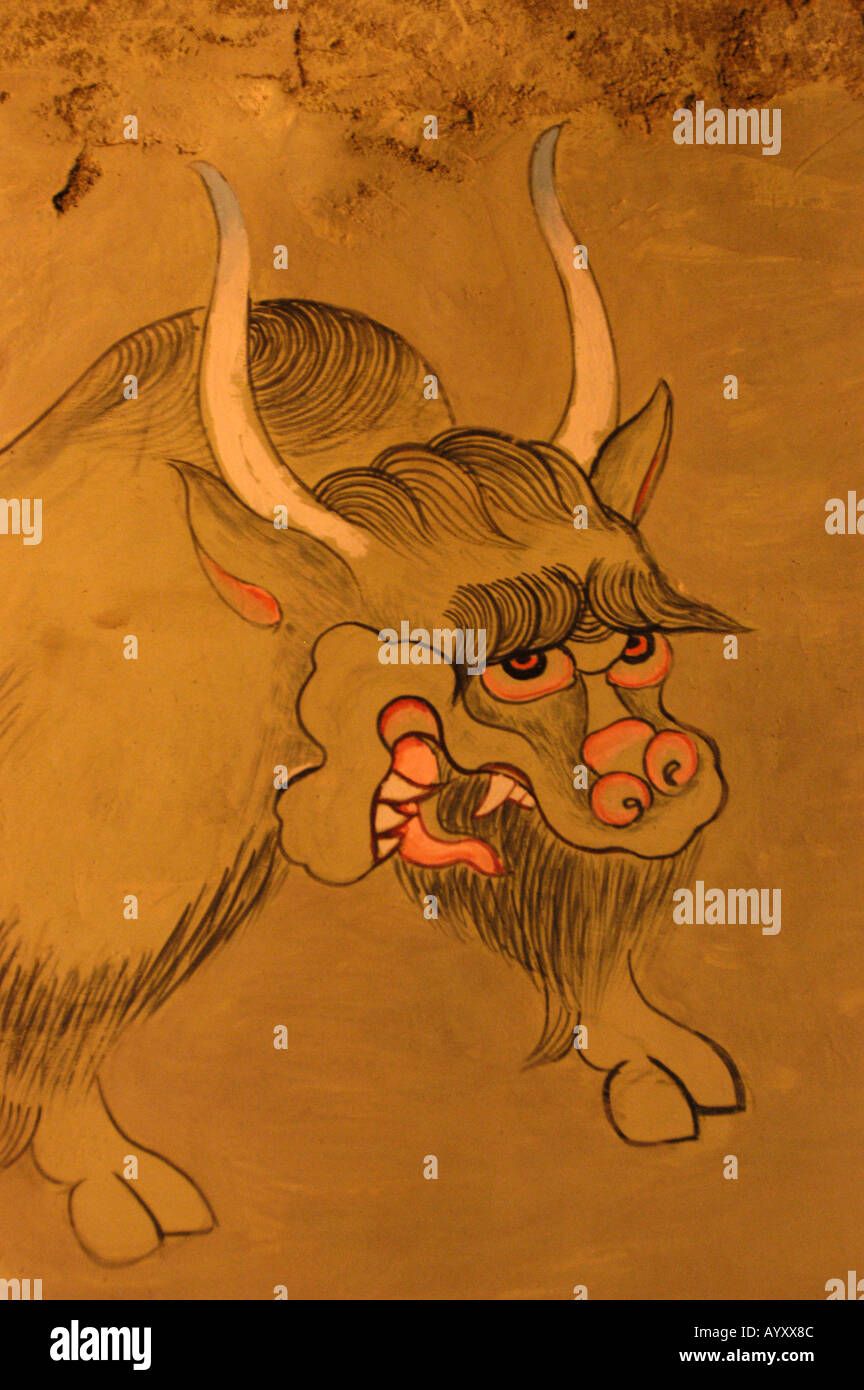 Angry fierceful buddhist deities hall mural paintings of animals in ...