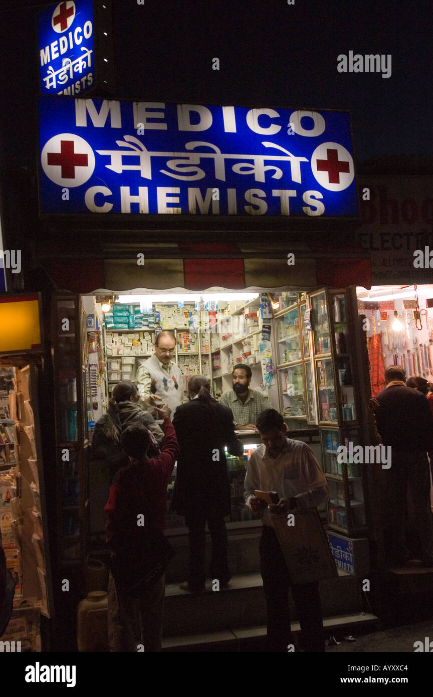 Night scene of chemist shop on The Mall Shimla Himachal Pradesh India ...