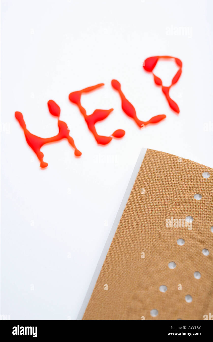 Red written word HELP and a band-aid Stock Photo - Alamy