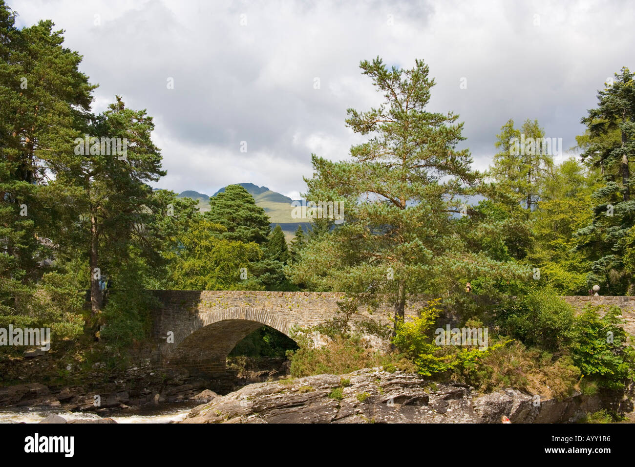 Bridge over the Falls of Dochart on the River Dochart at Killin in the ...