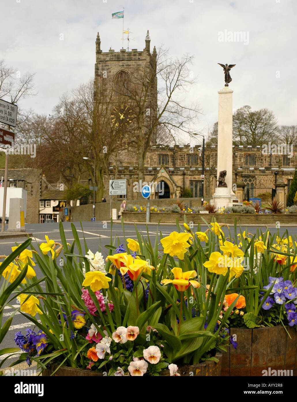 Spring view with daffodils in foreground of Skipton Church, North ...