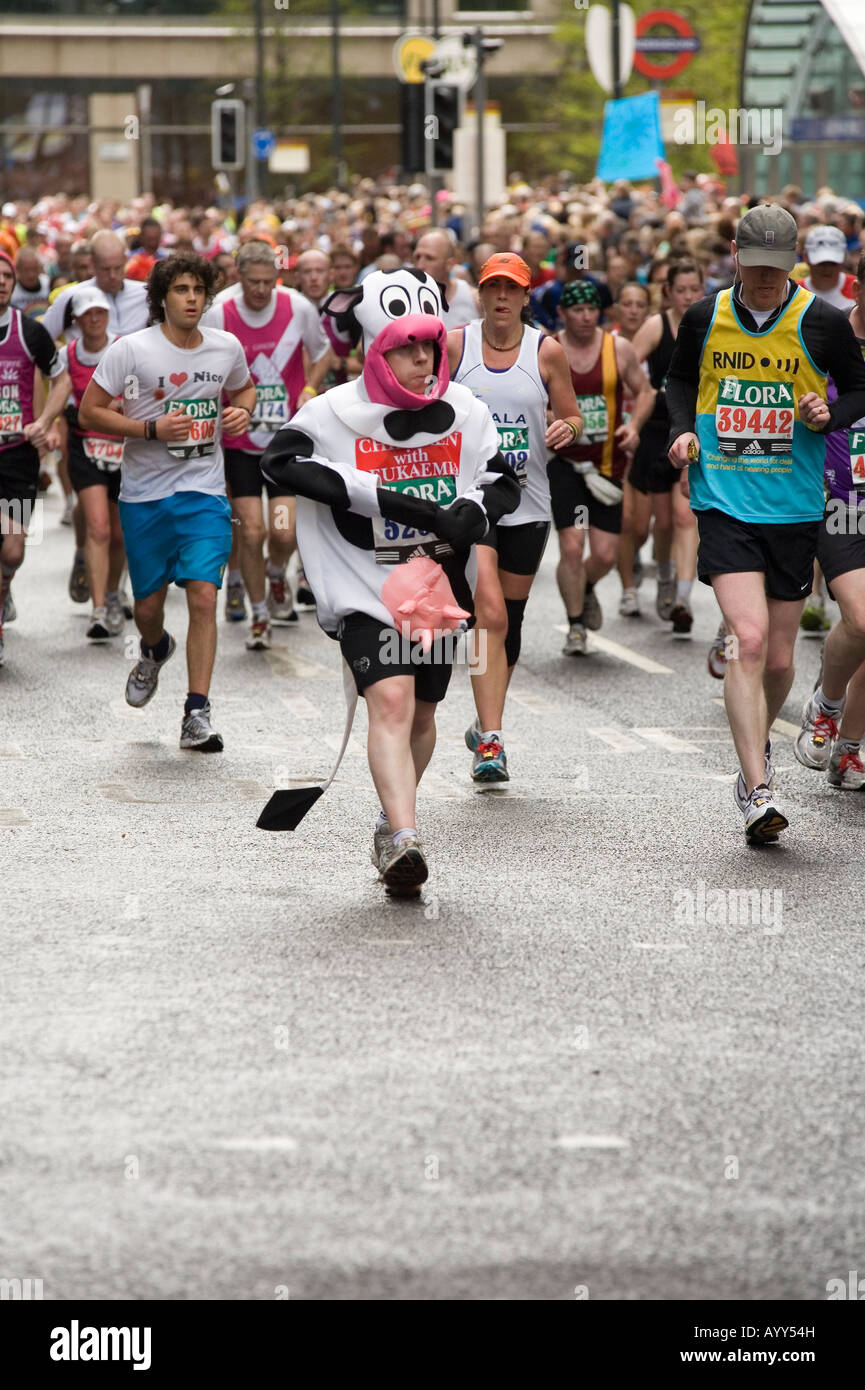Fancy dress runners a man dressed as a cow at the London Flora Marathon ...