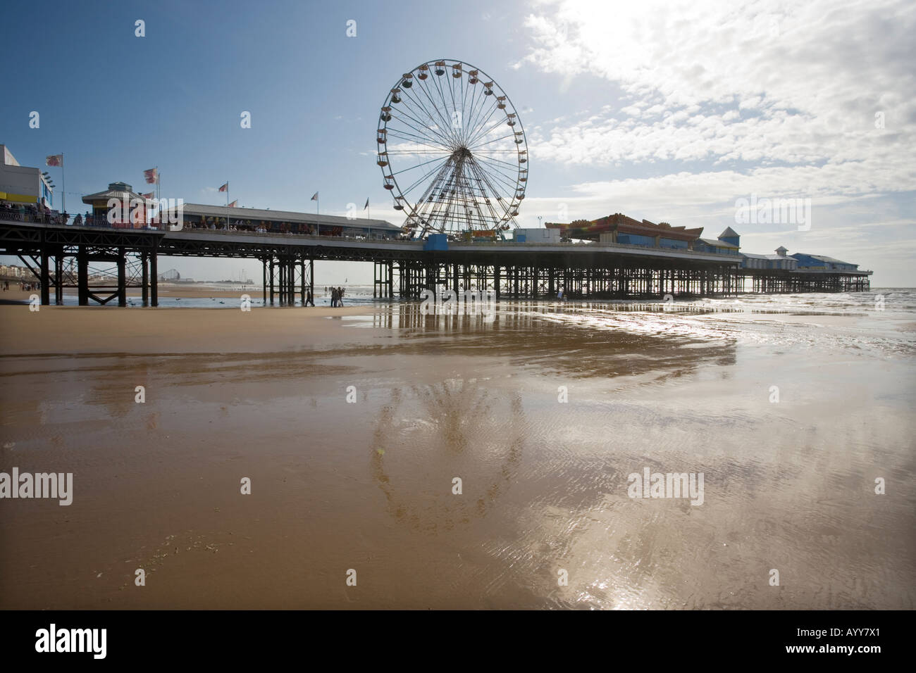 The beach at the seaside resort of Blackpool UK showing the big wheel ...