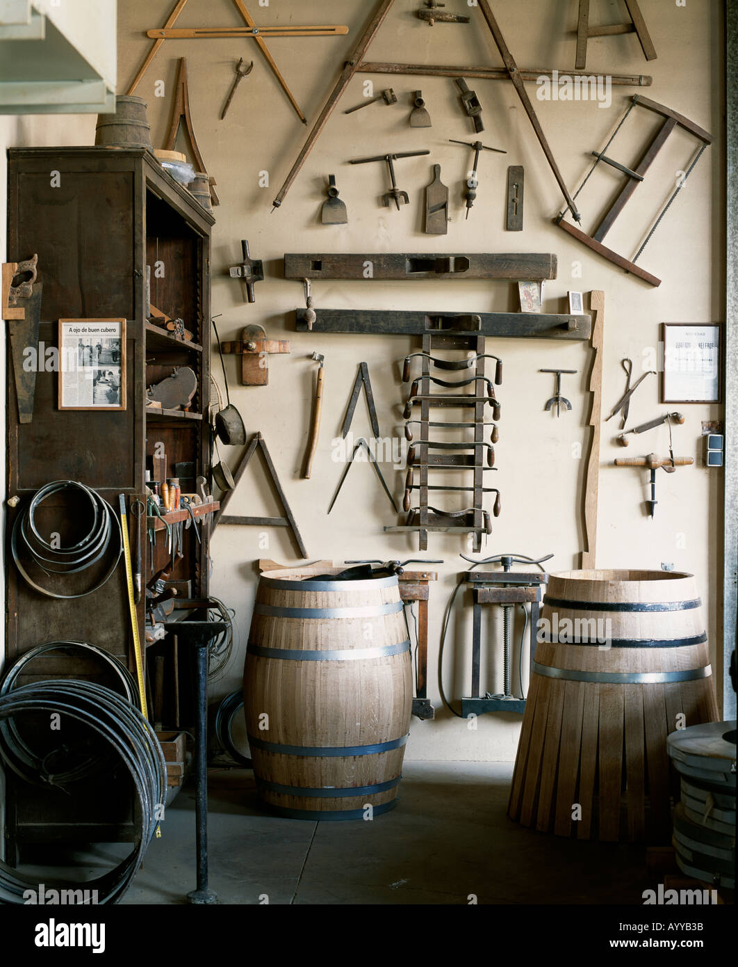 Tools for making wine barrels in the coopers workshop at Muga winery ...