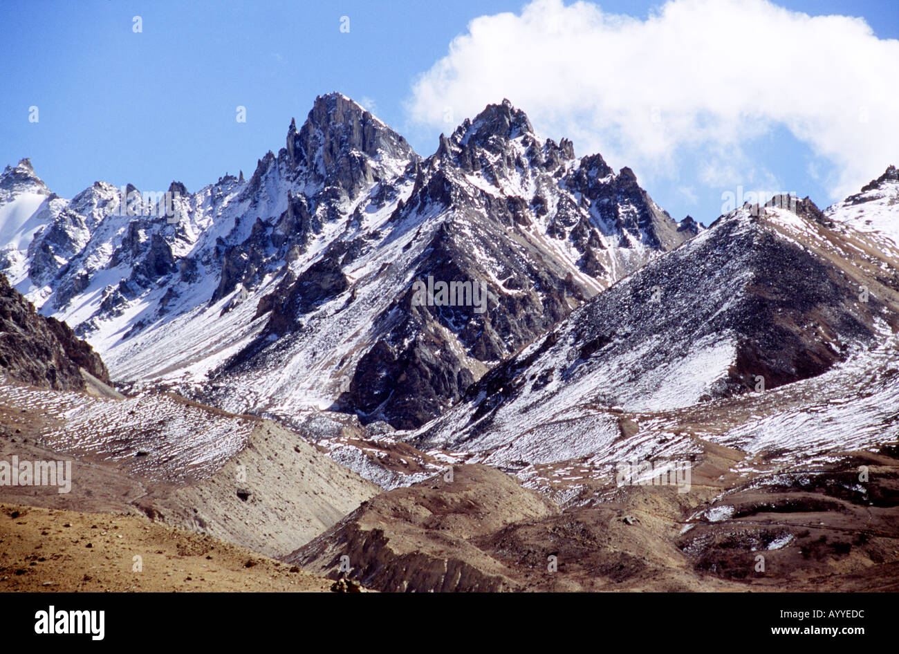 Rough extreme terrain landscape of jagged mountain range and peaks ...