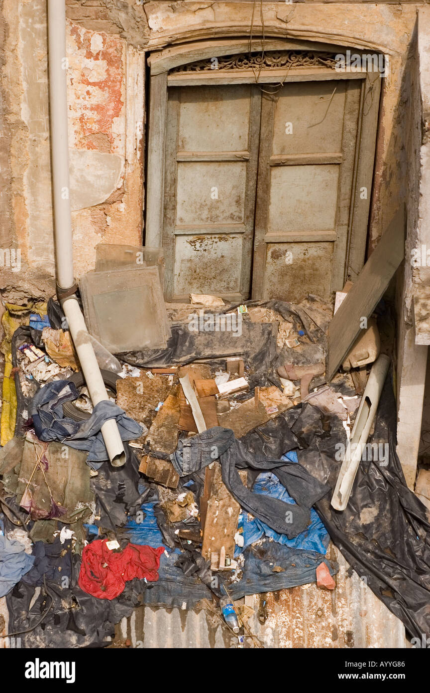 A heap of garbages blocking window Stock Photo - Alamy