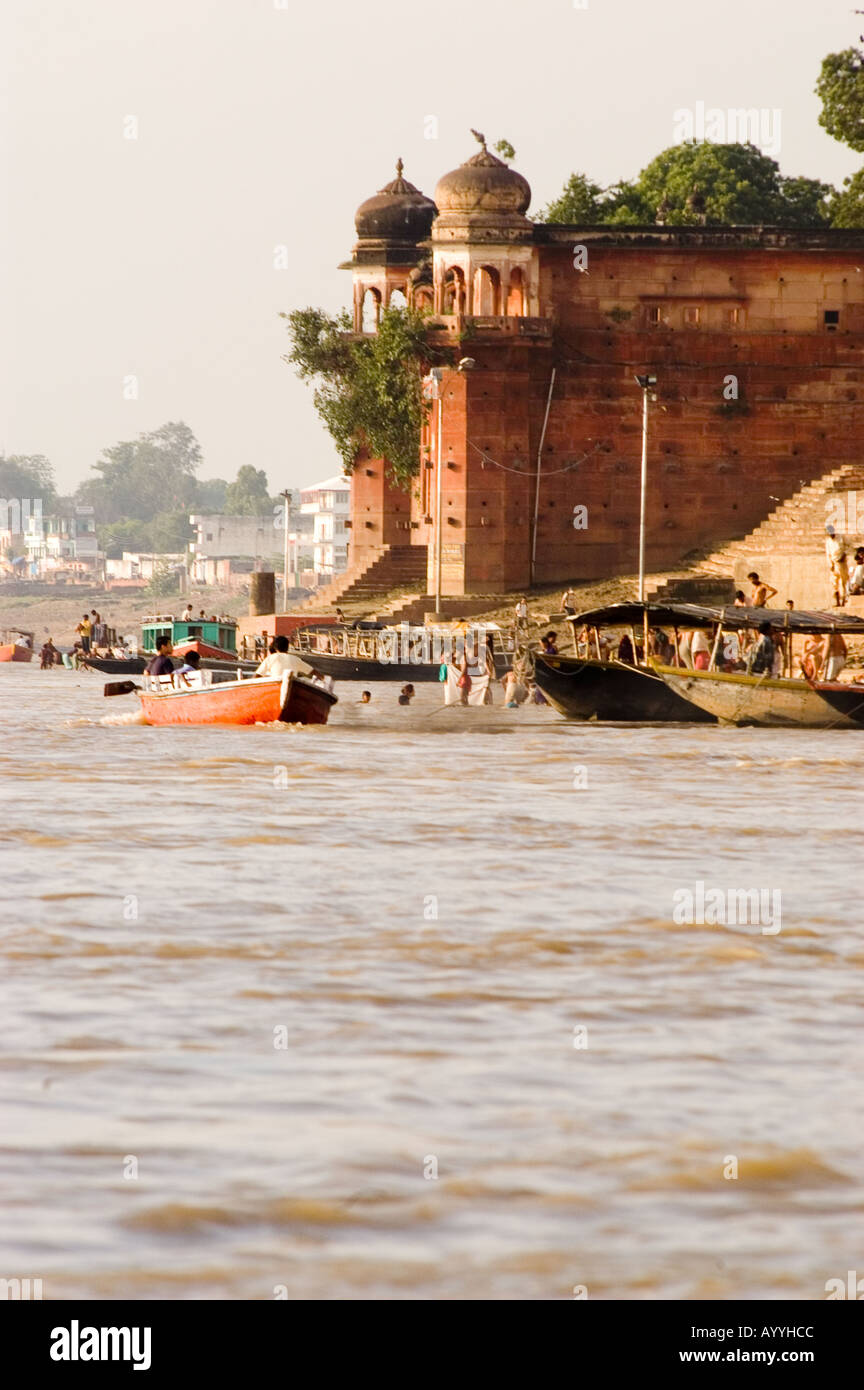 Ganges holy Hindu river and ghat buildings Varanasi Uttar Pradesh India ...