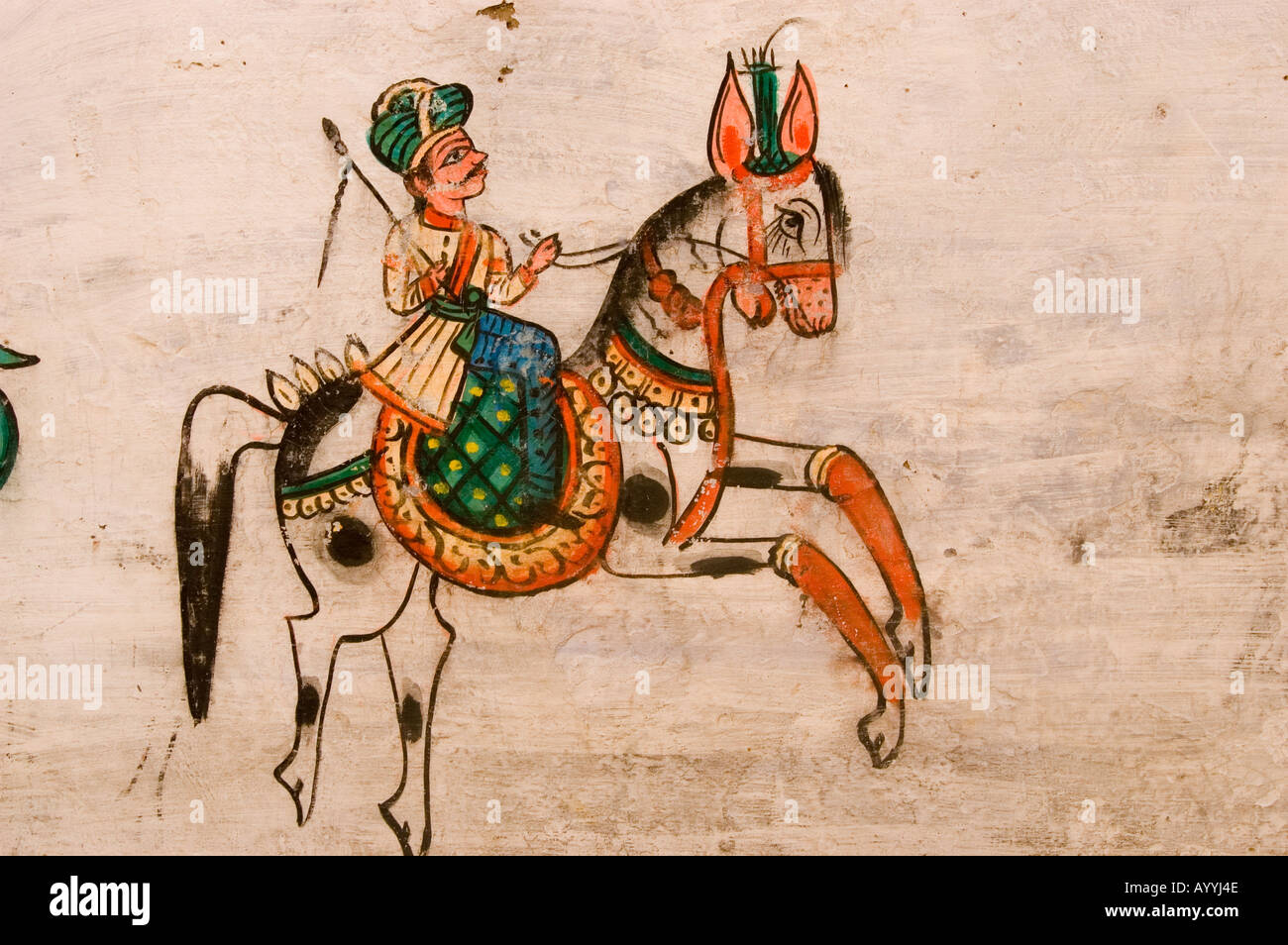 Traditional dress Indian man riding horse mural Varanasi Uttar Pradesh ...