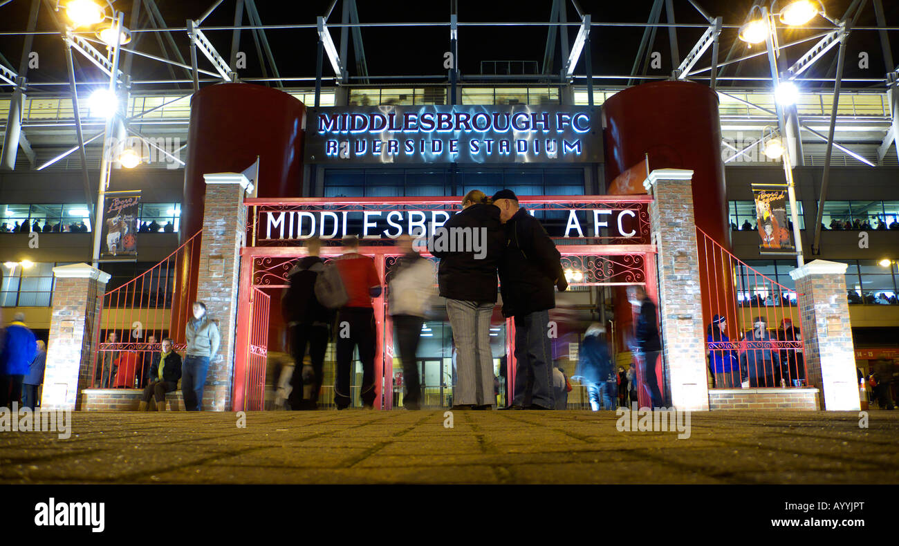 The Riverside Stadium Middlesbrough at night people waiting by the old ...