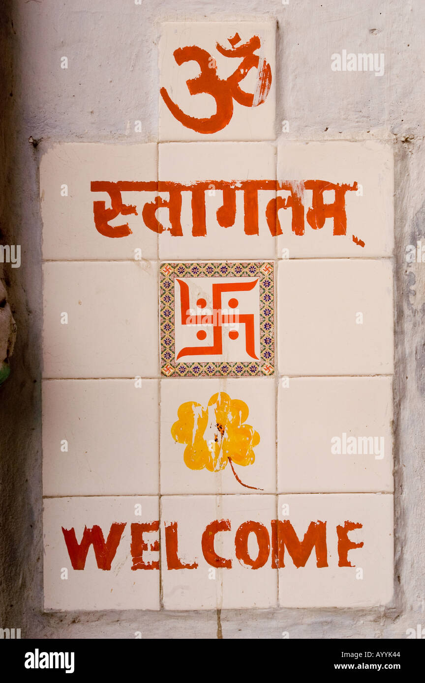 Welcome sign with swastika and Indian holy OM sylable New Delhi India ...