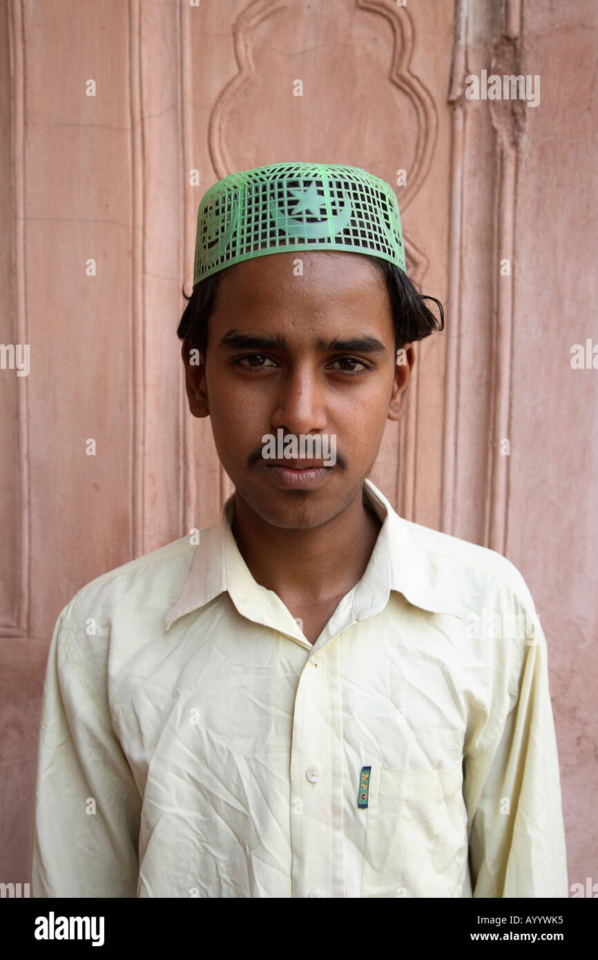 Young Muslim man with plastic prayer cap, Qudsia Masjid, Qudsia Bagh ...