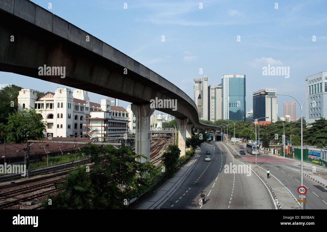 Transportation network - elevated monorail, railway track and highway ...