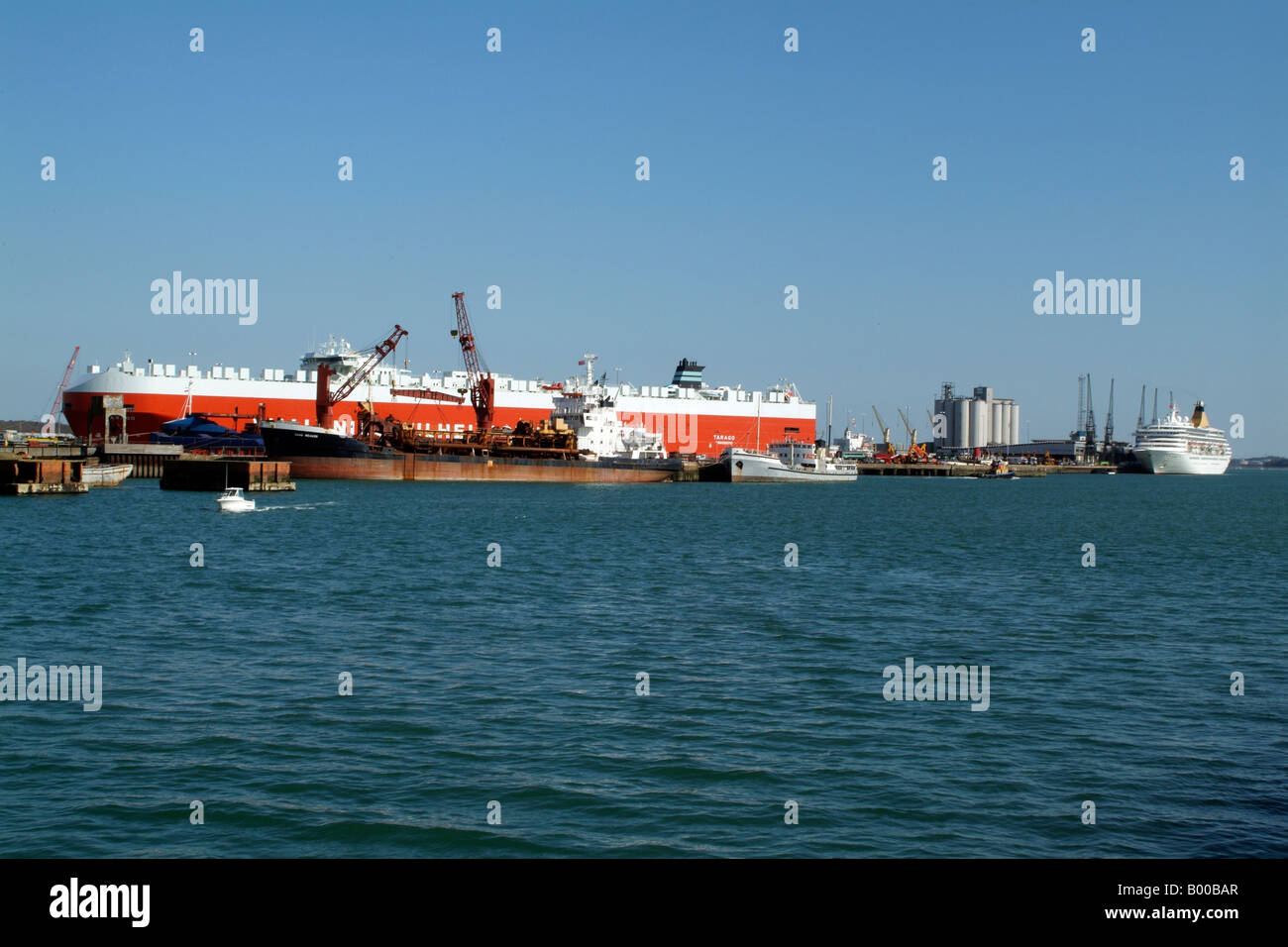 Wide landscape view of the Port of Southampton southern England UK ...