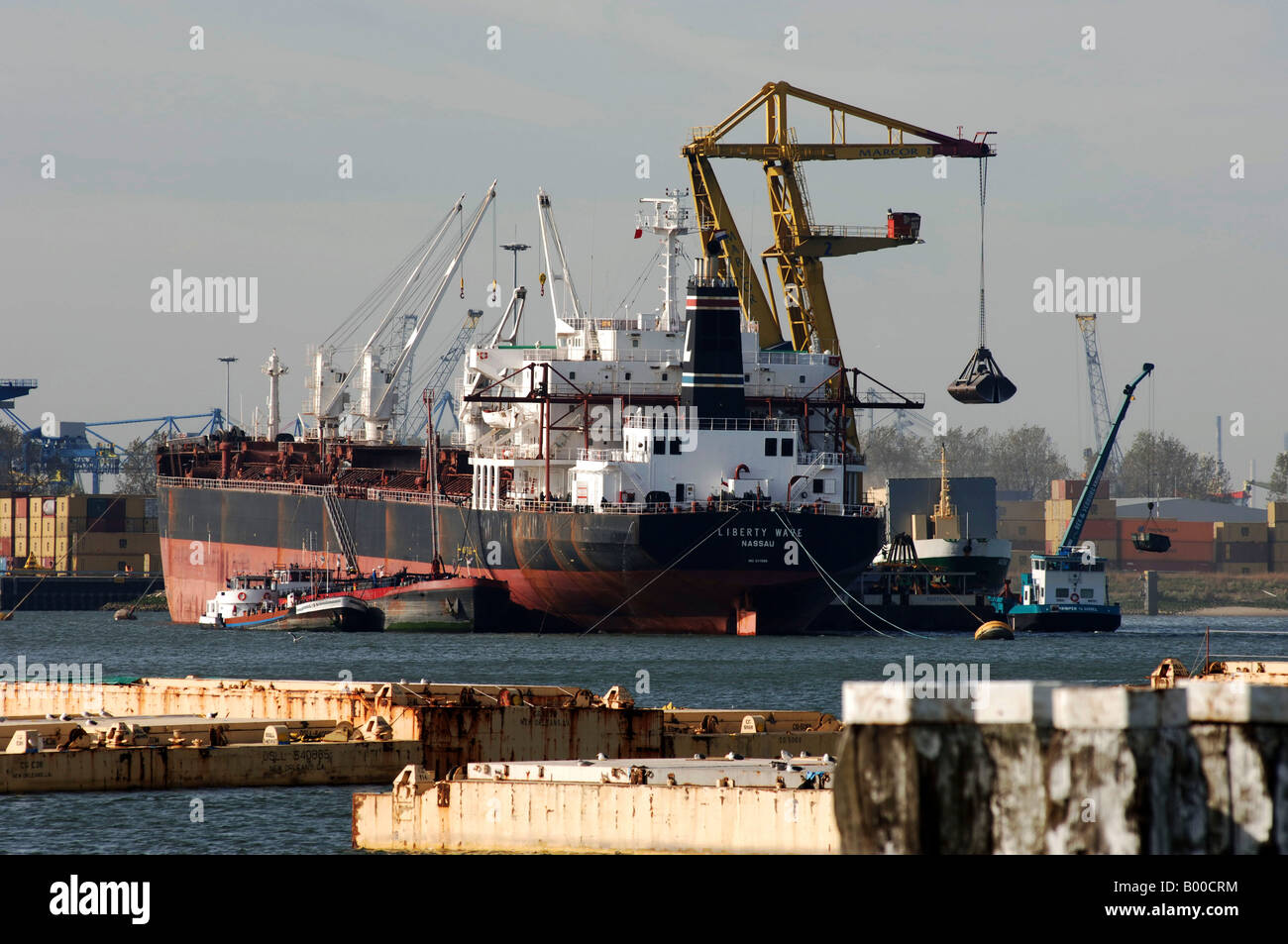 Port of Rotterdam ships off loading their cargo Stock Photo - Alamy