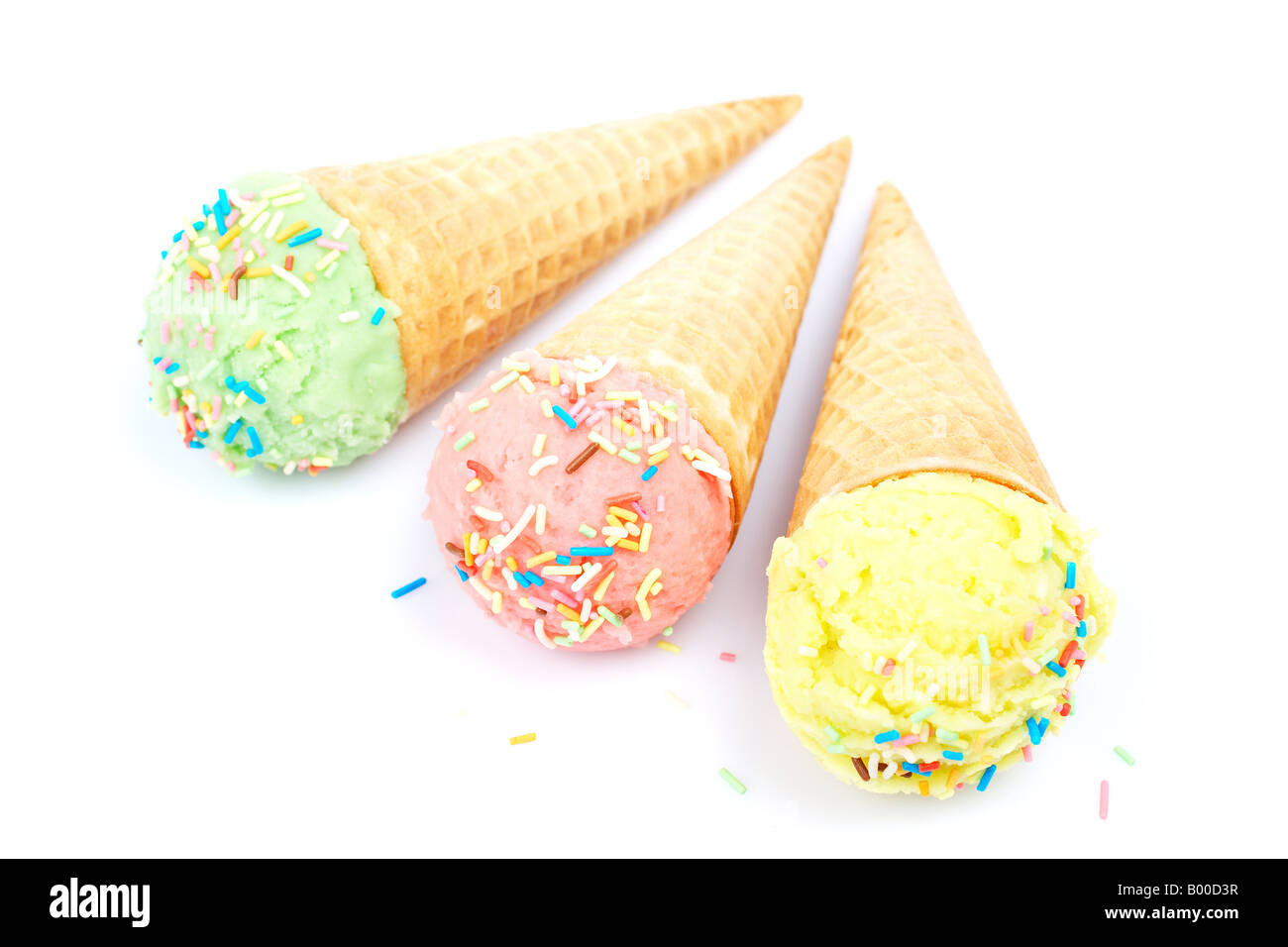 Delicious ice cream cones with soft shadow on white background Shallow ...