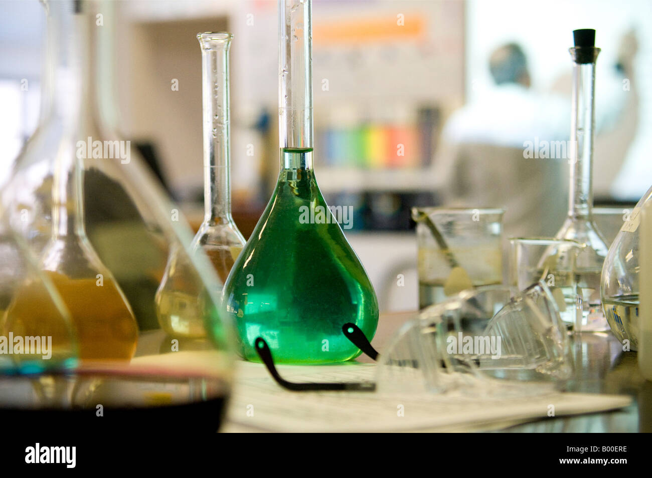 Various glass beakers in scientific chemistry laboratory Stock Photo ...
