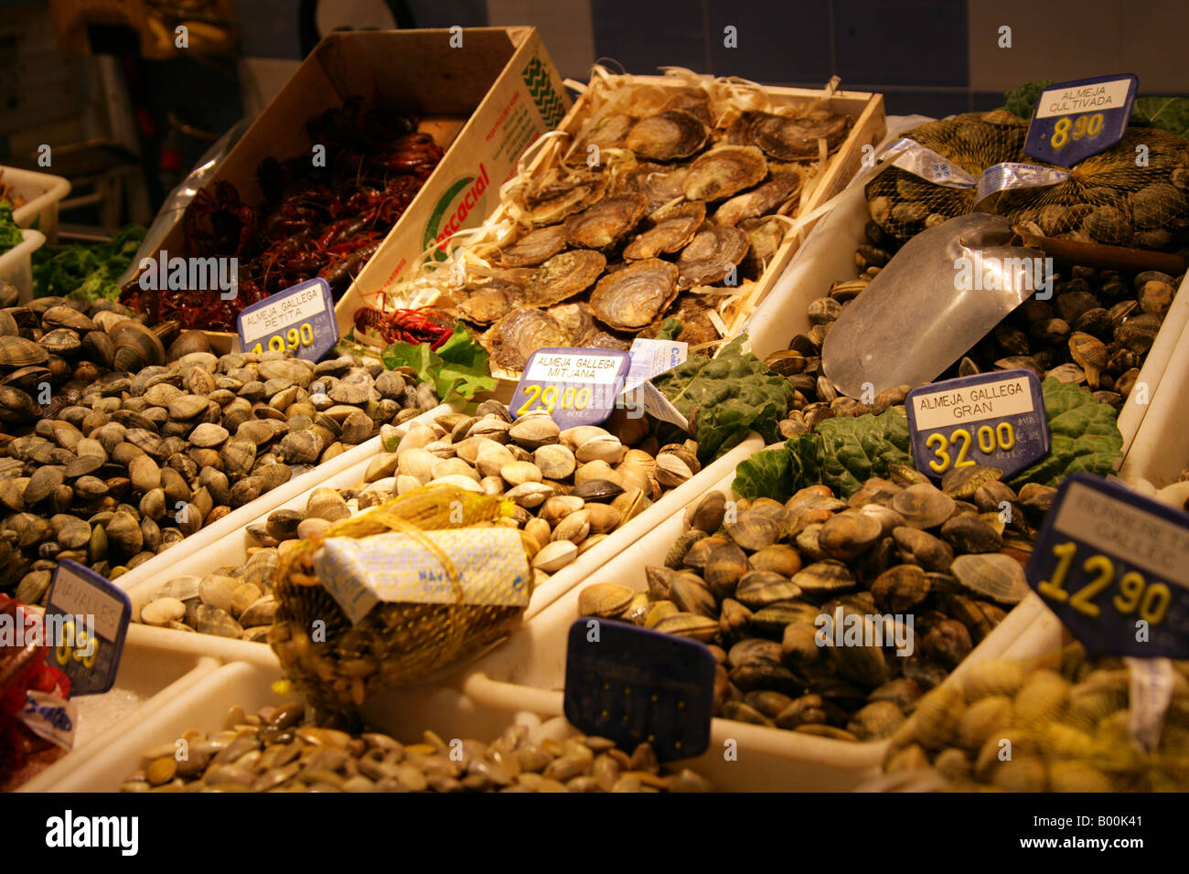 Live Shellfish for Sale on a Fishmongers Stall. Mercat de La Boqueria ...