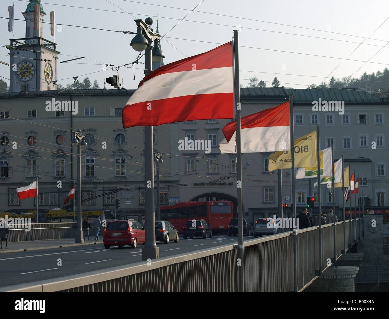 Austrian flag with trolley bus wires Salzburg Austria Stock Photo - Alamy