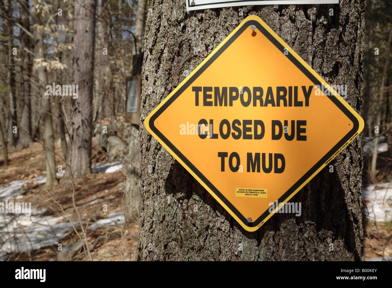 A temporarily closed trail sign during the spring months in Pawtuckaway ...