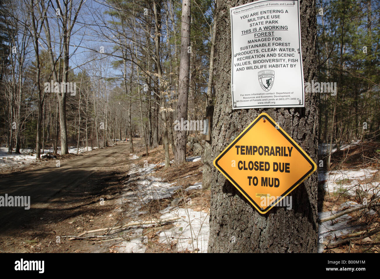 A temporarily closed trail sign during the spring months in Pawtuckaway ...