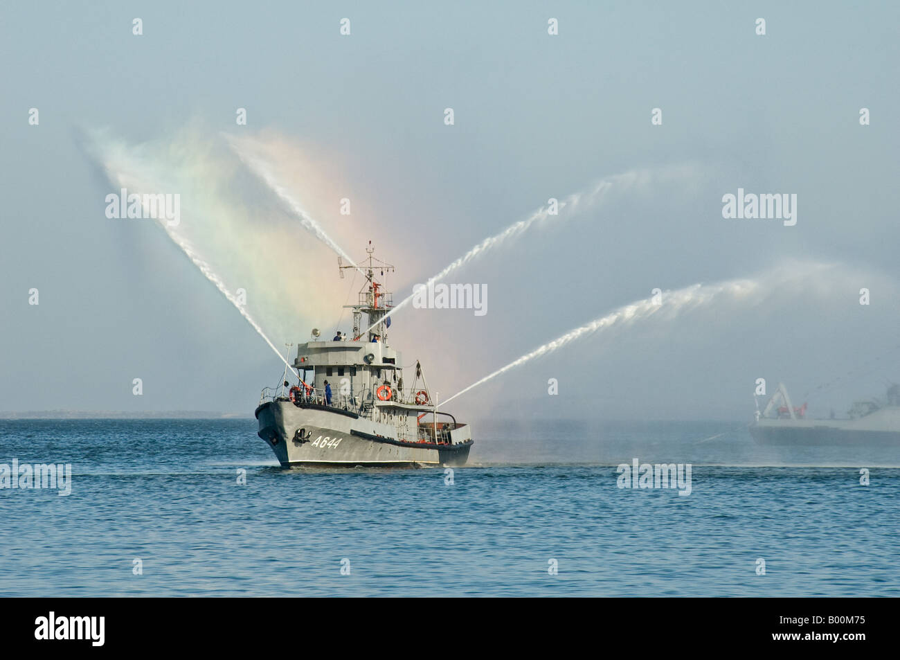 Ship from Azerbaijan navy (defence force) in Caspian Sea spraying water ...